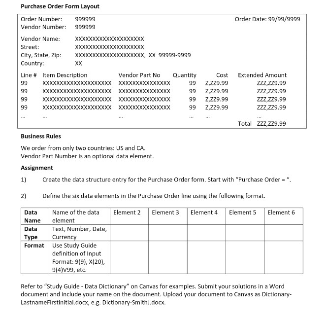 Order Date: 99/99/9999 Purchase Order Form Layout | Chegg.com
