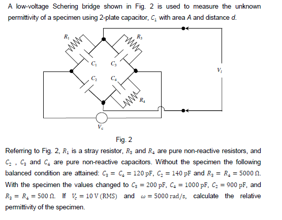Solved A low-voltage Schering bridge shown in Fig. 2 is used | Chegg.com