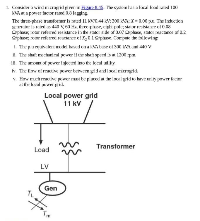 Solved 1. Consider a wind microgrid given in Figure 8.45. | Chegg.com
