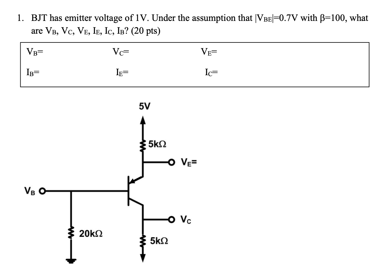 Solved 1. BJT has emitter voltage of 1V. Under the | Chegg.com