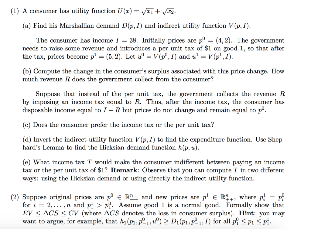 A consumer has utility function U(x)=x1+x2. (a) Find | Chegg.com