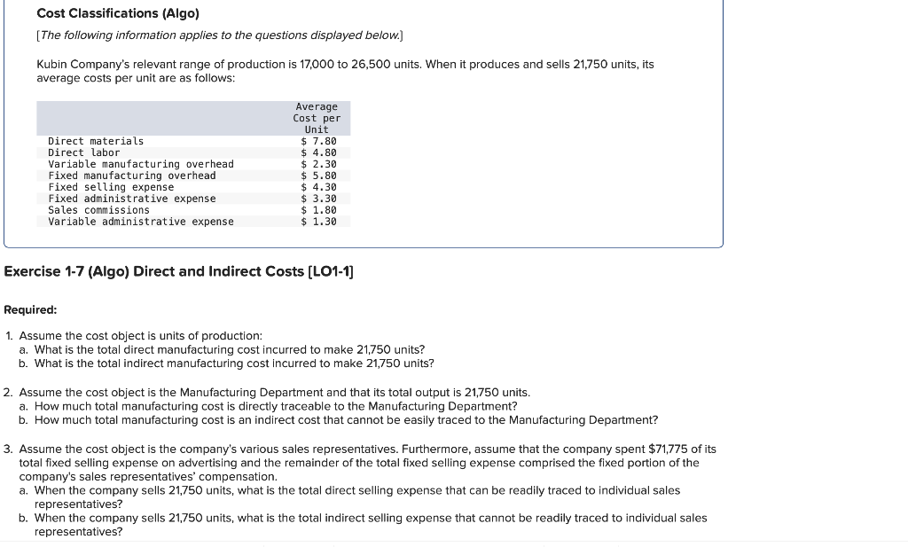 Solved Cost Classifications (Algo) [The following | Chegg.com