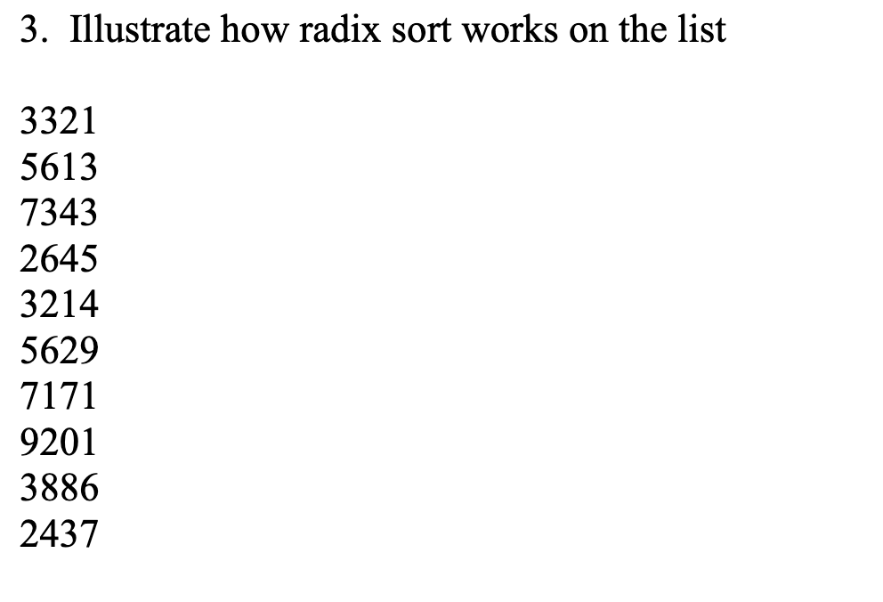 Solved 3. Illustrate how radix sort works on the list 3321 | Chegg.com