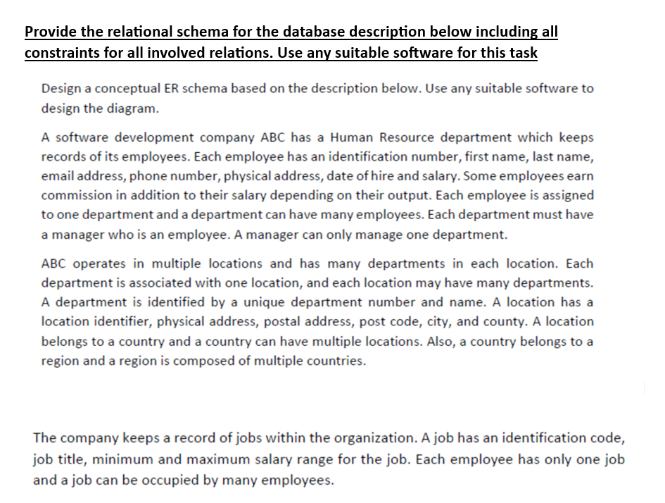 Solved Provide the relational schema for the database | Chegg.com
