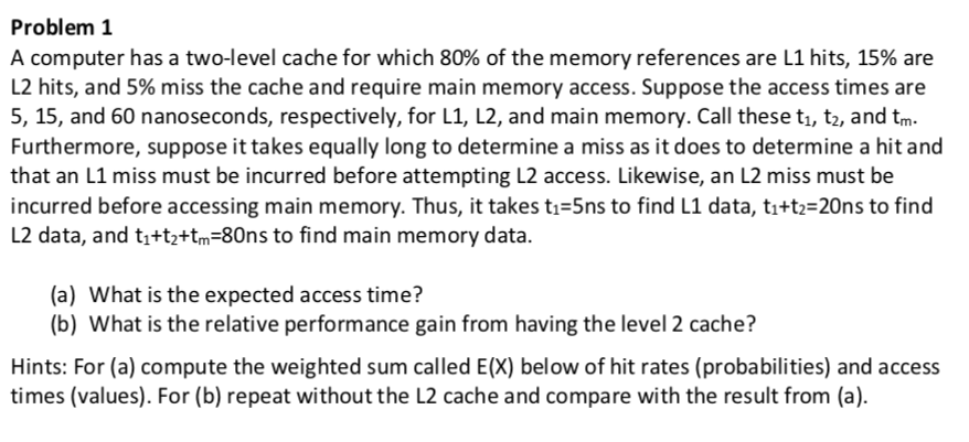 Solved Problem 1 A computer has a two-level cache for which | Chegg.com