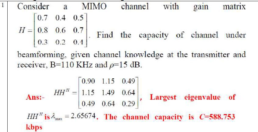 Solved 1 Consider a MIMO channel with gain matrix 0.7 0.4 | Chegg.com