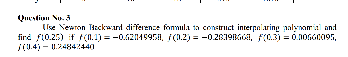 Solved Question No. 3 Use Newton Backward difference formula | Chegg.com