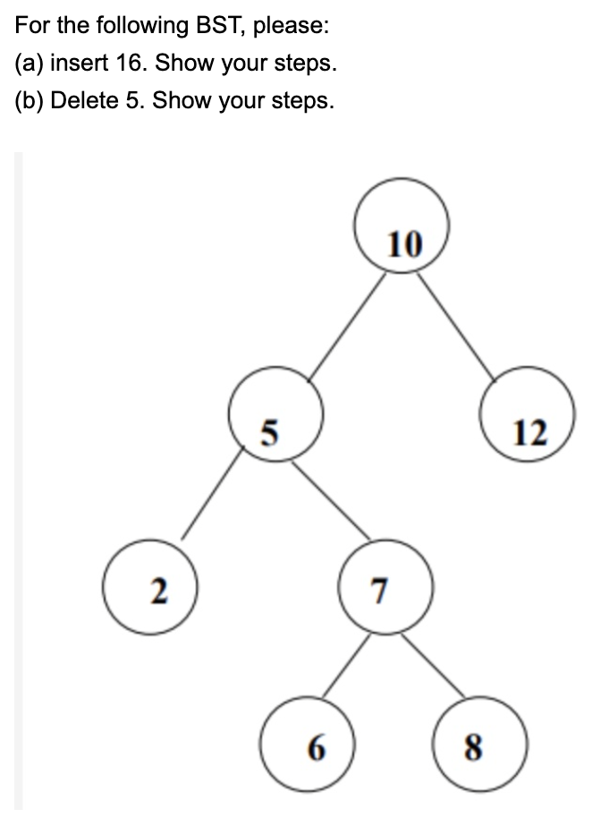 Solved For the following BST, please: (a) insert 16. Show | Chegg.com
