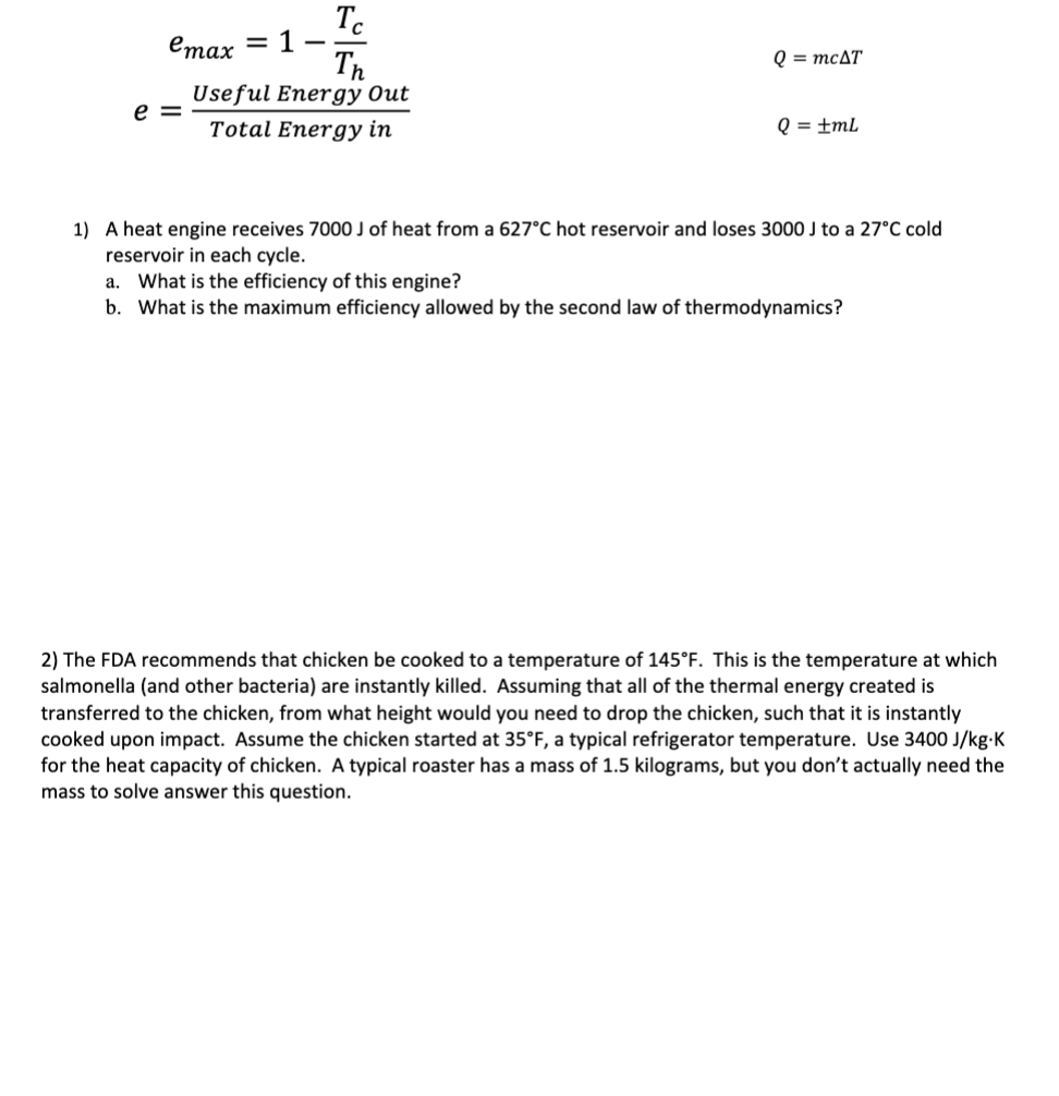 Solved Q = MCAT Tc emax 1 Th Useful Energy Out Total Energy | Chegg.com