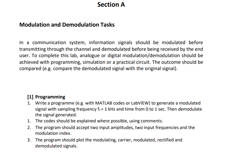 Solved Section A Modulation and Demodulation Tasks In a | Chegg.com