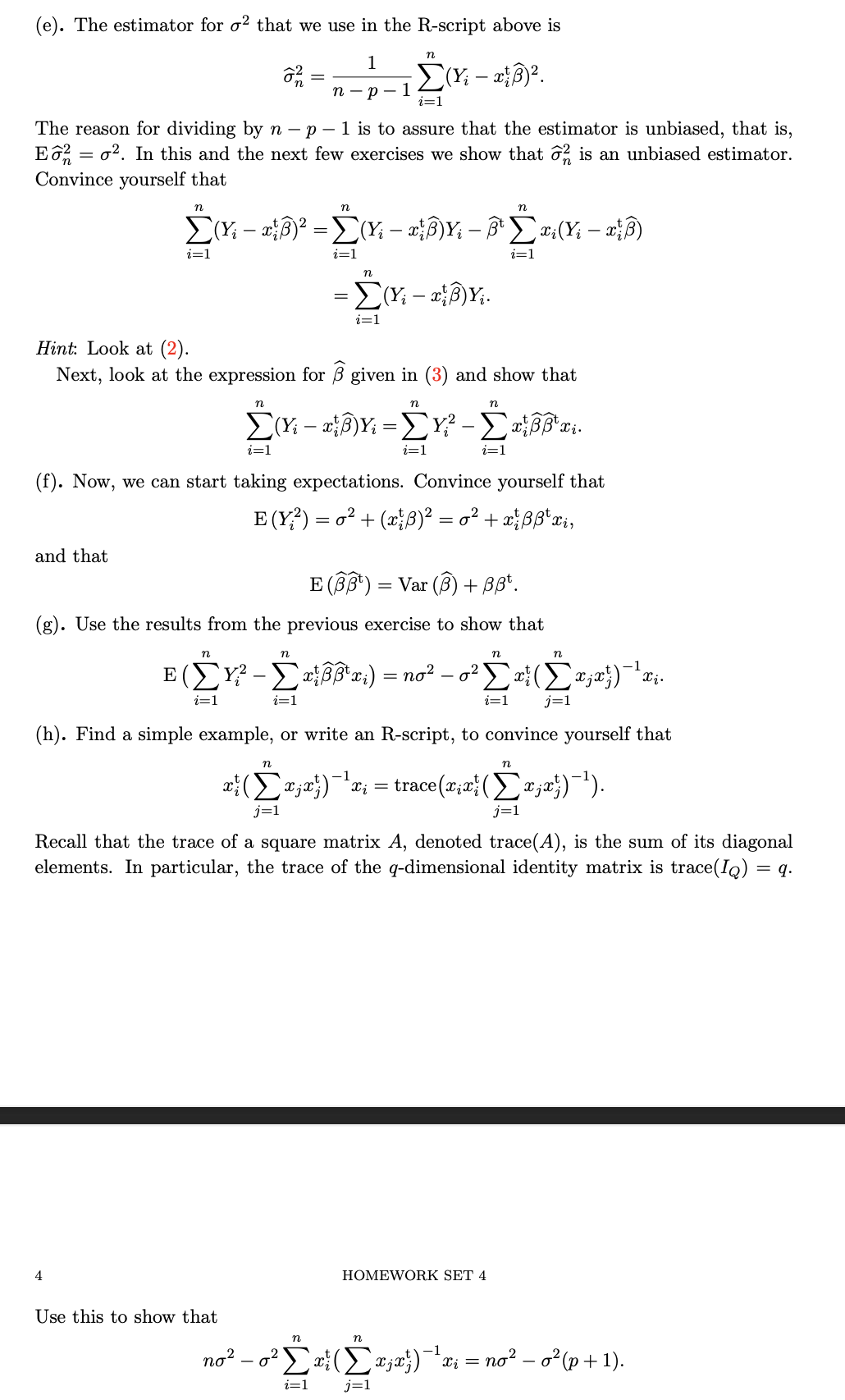 Solved (e). The estimator for σ2 that we use in the R-script | Chegg.com