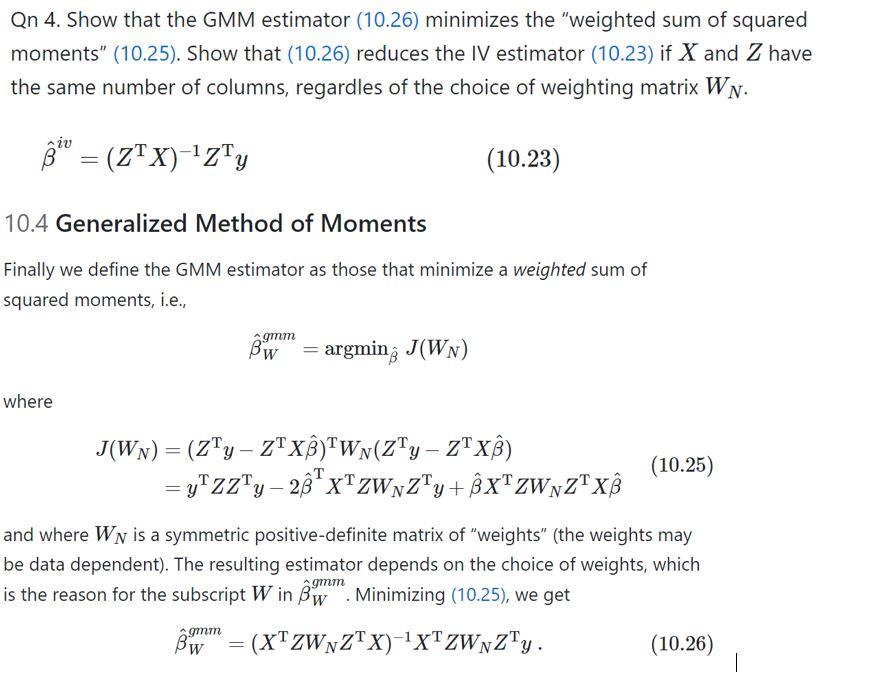 Qn 4. Show that the GMM estimator (10.26) minimizes | Chegg.com