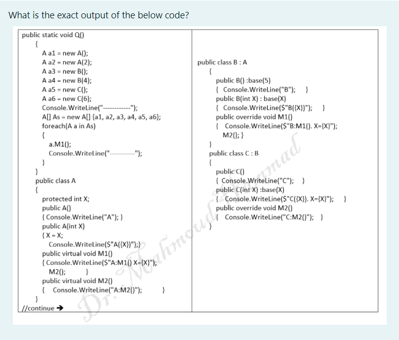 Solved What is the exact output of the below code? public | Chegg.com