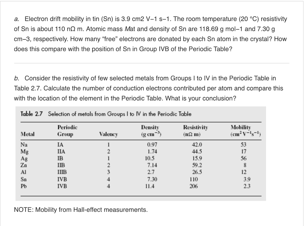 Solved a. Electron drift mobility in tin (Sn) is 3.9 cm2 V-1 | Chegg.com