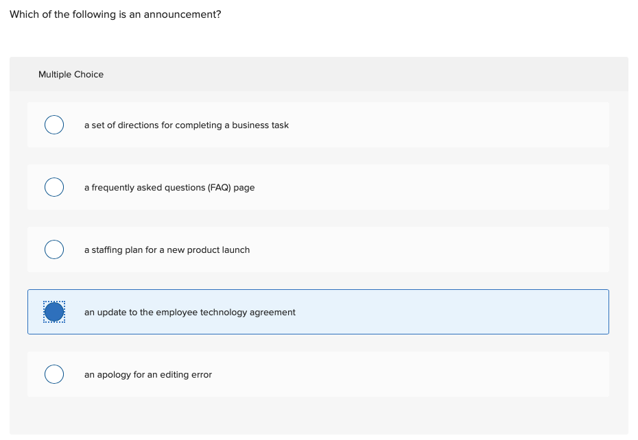 Solved Which of the following is an announcement? Multiple | Chegg.com