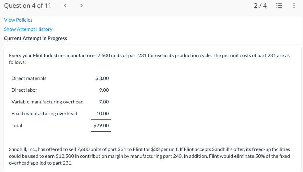 Solved Question 4 of 11 View Policies Show Attempt History | Chegg.com