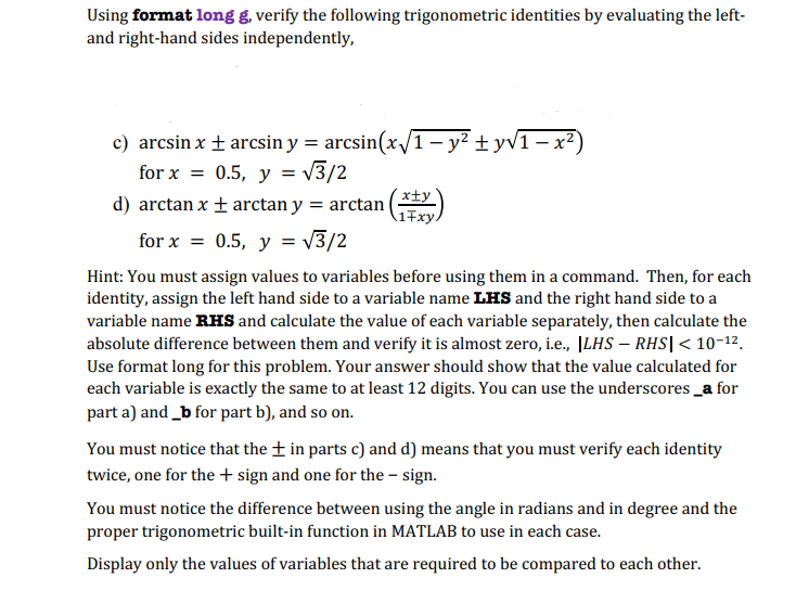 Solved Using format long g, verify the following | Chegg.com