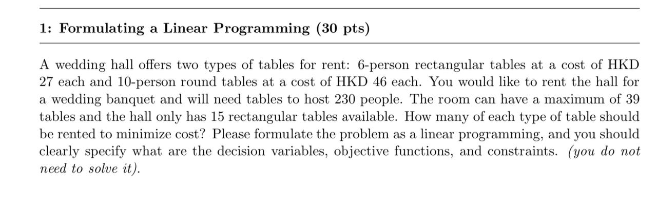 Solved 1: Formulating a Linear Programming (30 pts) A | Chegg.com