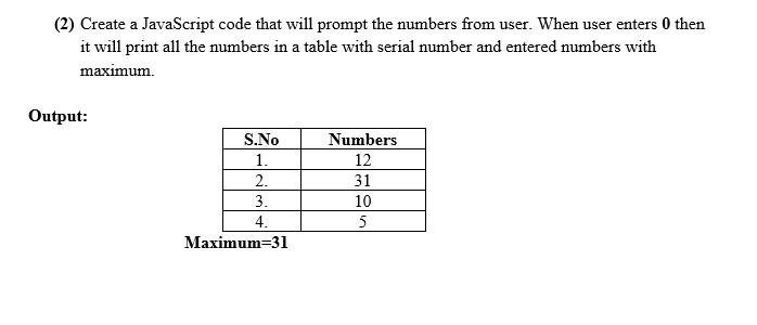 Solved (2) Create a JavaScript code that will prompt the | Chegg.com