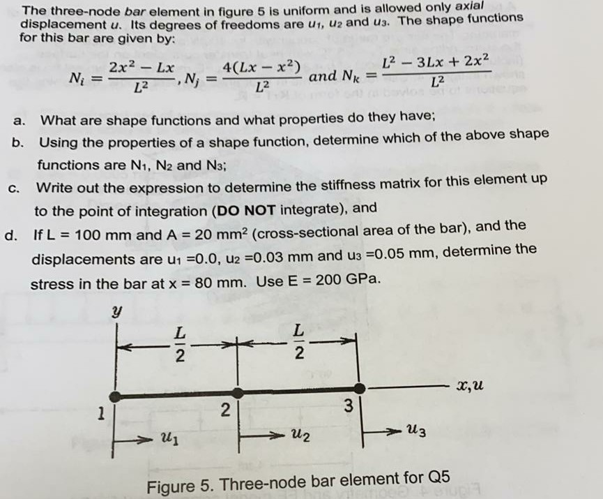 Solved The three-node bar element in figure 5 is uniform and | Chegg.com