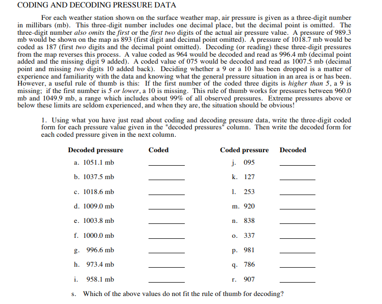 Solved AIR PRESSURE CODING AND DECODING PRESSURE DATA For | Chegg.com