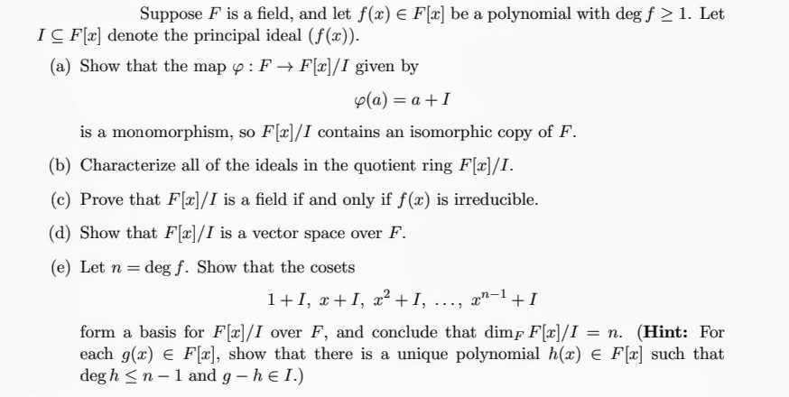 Solved Suppose F is a field, and let f(x) € F[x] be a | Chegg.com