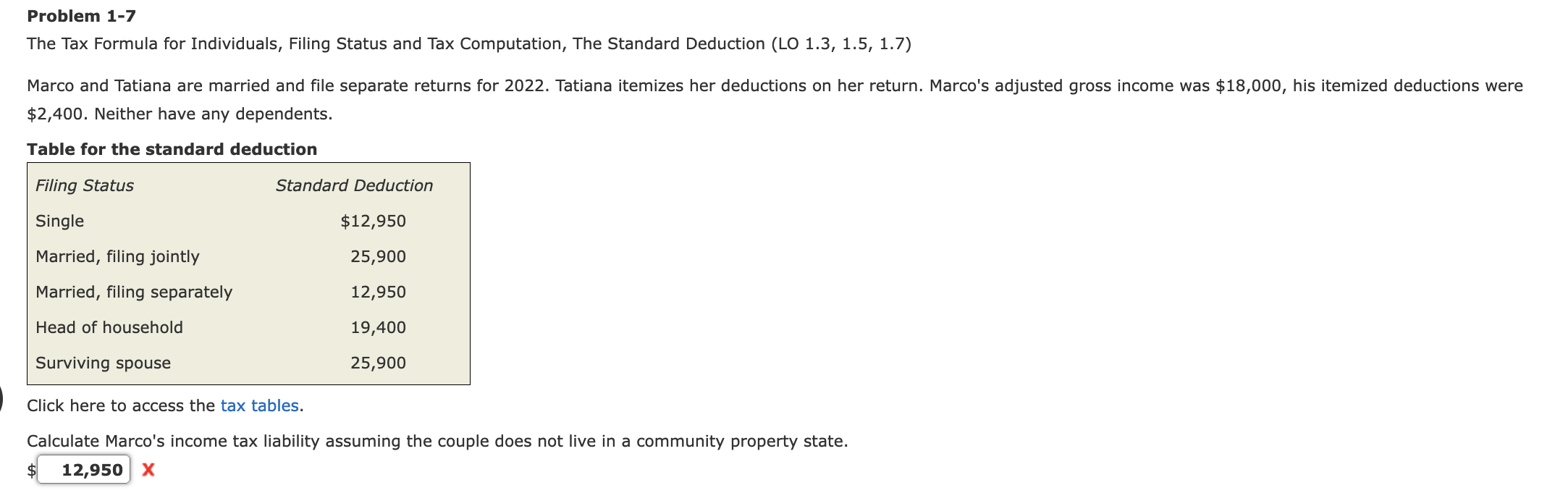 Solved Problem 1-7 The Tax Formula for Individuals, Filing | Chegg.com