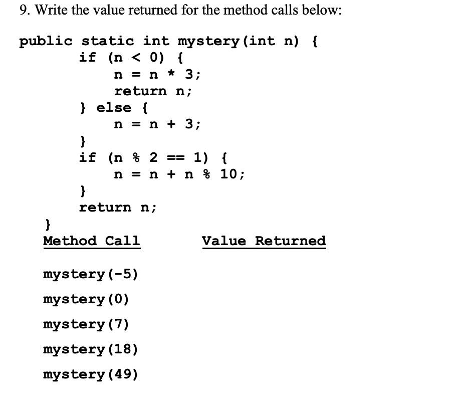 Solved Write the value returned for the method calls below: | Chegg.com