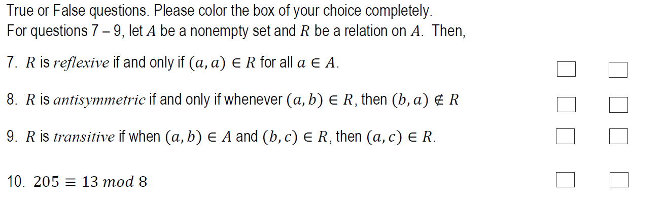 Solved True or False questions. Please color the box of your | Chegg.com