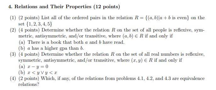 Solved 4. Relations and Their Properties (12 points) (1) (2 | Chegg.com