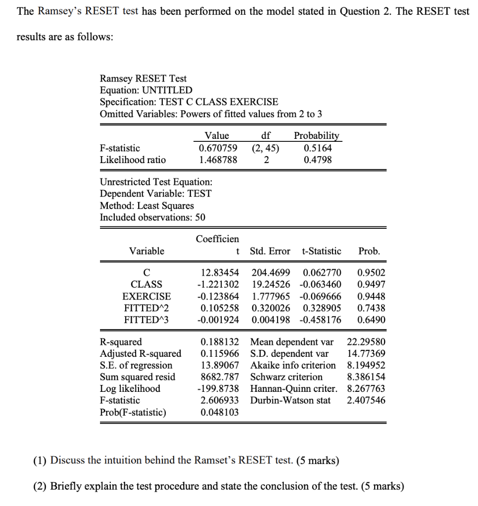 Solved The Ramsey's RESET test has been performed on the | Chegg.com