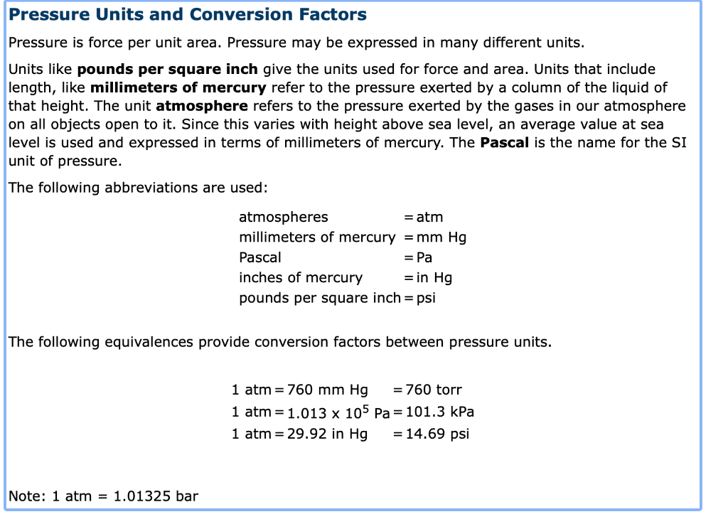 Solved Pressure Units and Conversion Factors Pressure is | Chegg.com
