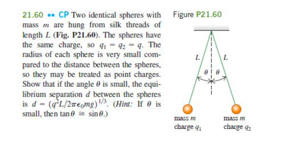 Solved 21.60∙ CP Two identical spheres with mass m are hung | Chegg.com