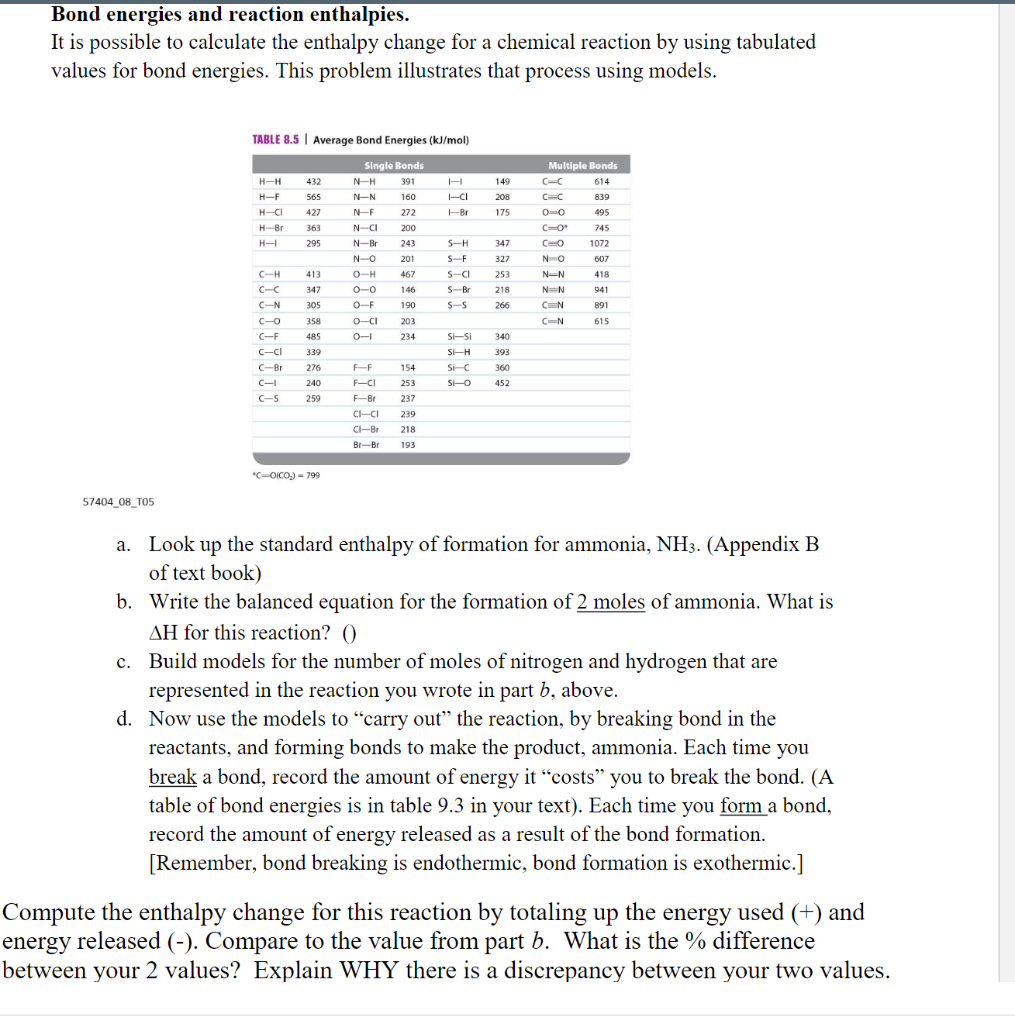 Solved Bond energies and reaction enthalpies. It is possible | Chegg.com