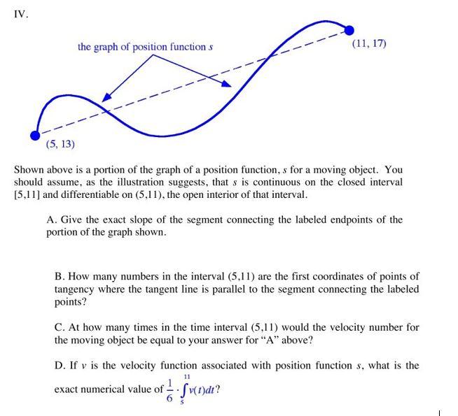 Solved IV. the graph of position functions (11, 17) (5, 13) | Chegg.com