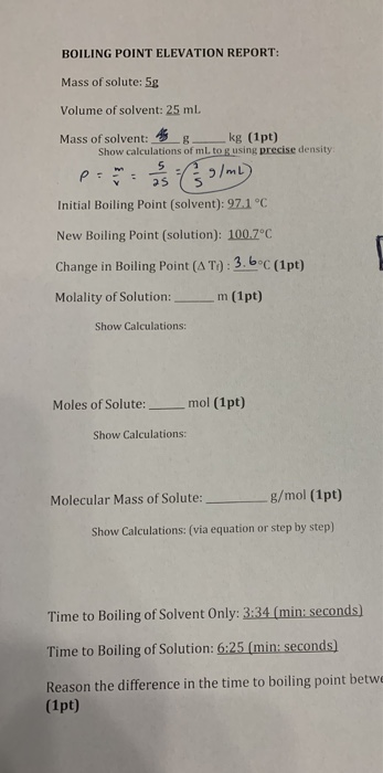 Solved BOILING POINT ELEVATION REPORT: Mass of solute: 5g | Chegg.com