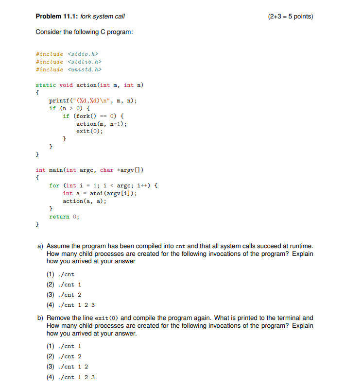 Problem 11.1: fork system call (2+3 = 5 points) | Chegg.com
