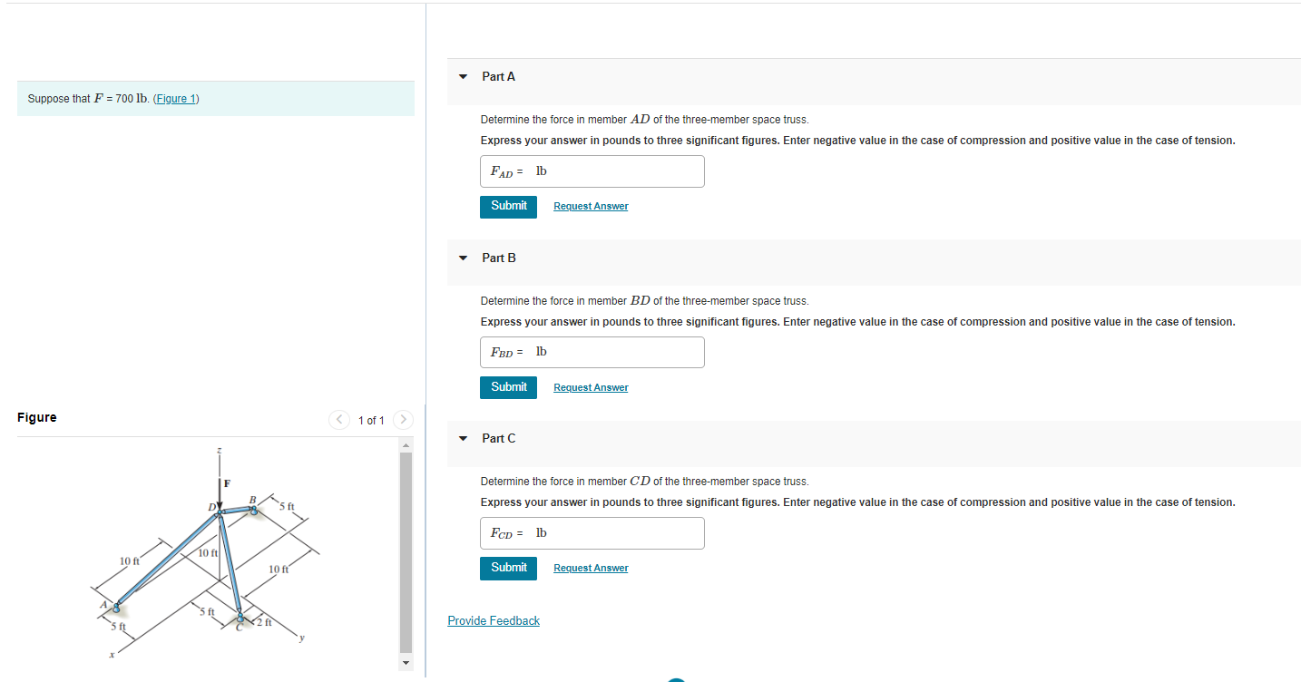 Solved Determine the force in member AD of the three-member | Chegg.com