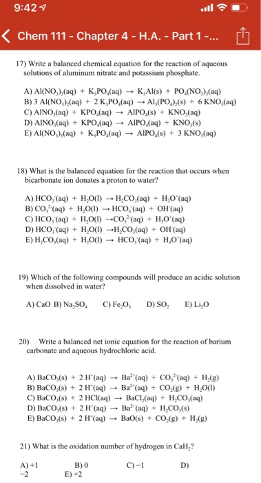 Solved 9:42 Chem 111 - Chapter 4 - H.A. - Part 1 -..h 17) | Chegg.com