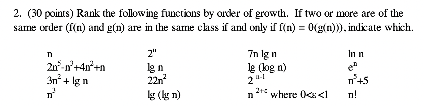 Solved 2. (30 points) Rank the following functions by order | Chegg.com