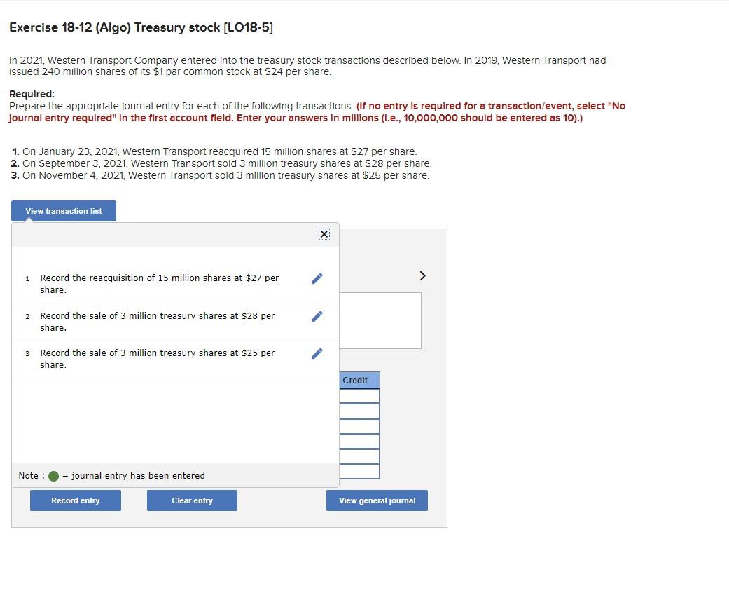 Solved Exercise 18-12 (Algo) Treasury stock (LO18-5) In | Chegg.com