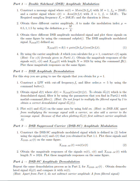 Solved Part 1 - Double Sideband (DSB) Amplitude Modulation | Chegg.com