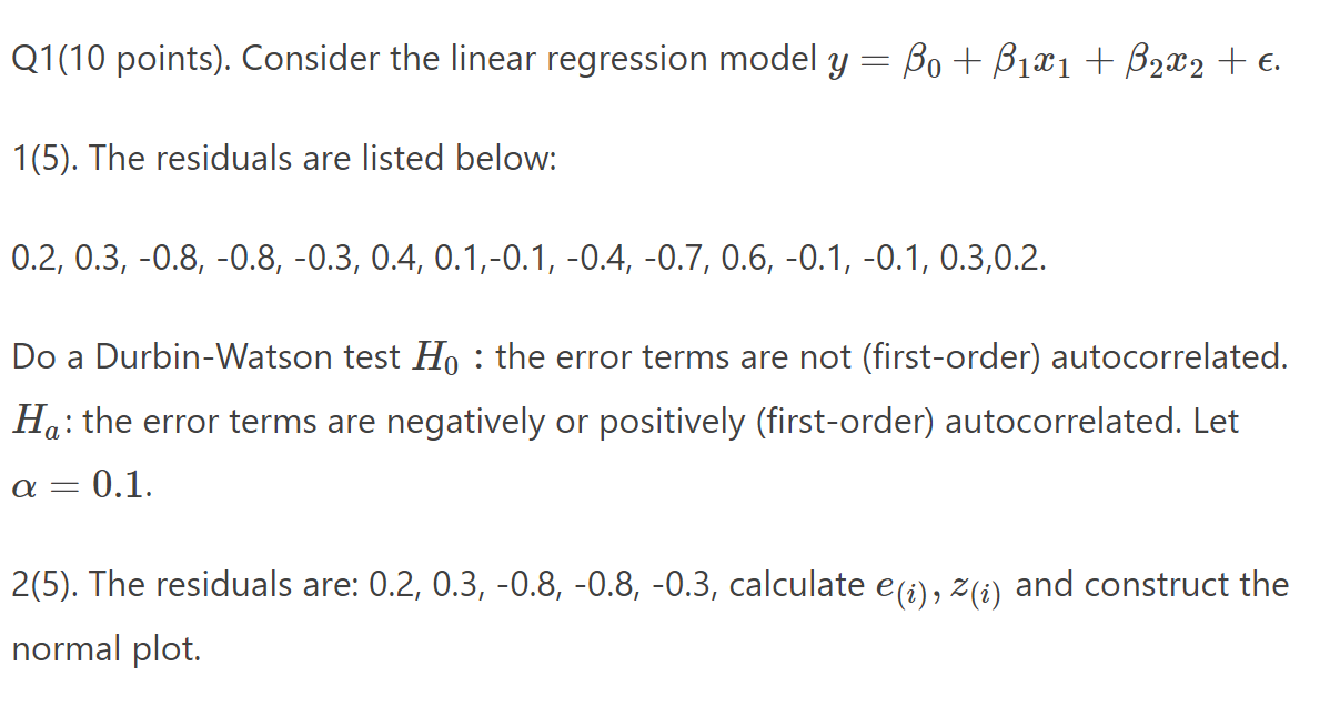 Q1(10 points). Consider the linear regression model | Chegg.com