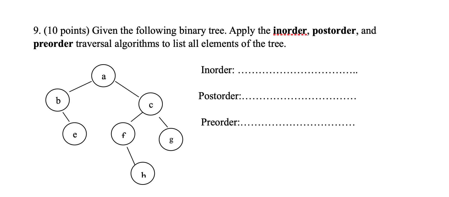 Solved 9. (10 points) Given the following binary tree. Apply | Chegg.com
