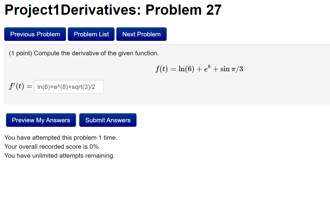 Solved Project1Derivatives: Problem 27 (1 point) Compute the | Chegg.com
