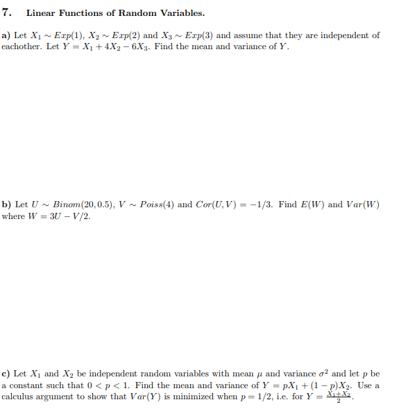 Solved 7. Linear Functions of Random Variables. a) Let | Chegg.com
