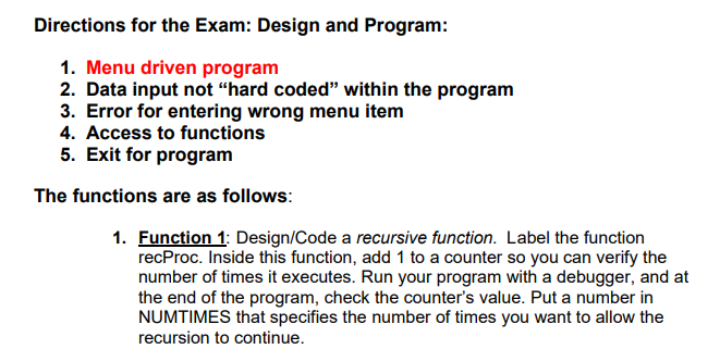 Directions for the Exam: Design and Program: 1. Menu | Chegg.com