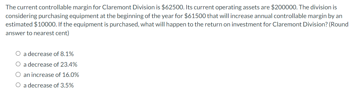 Solved The current controllable margin for Claremont | Chegg.com
