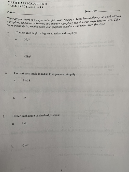 Solved MATH 113 PRECALCULUS II LAB 2: PRACTICE 4.1-4.4 Name: | Chegg.com