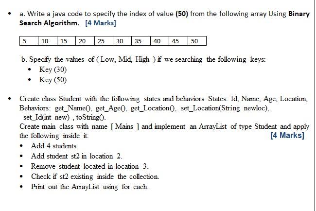 Solved a. Write a java code to specify the index of value | Chegg.com
